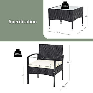 RELAX4LIFE 3-Piece Patio Furniture Set - Rattan Conversation Set, Wicker Bistro Set w/2 Chairs, Glass Coffee Table, Steel Frame, Outdoor Chairs Set for Yard Balcony, Front Porch Furniture (Beige)