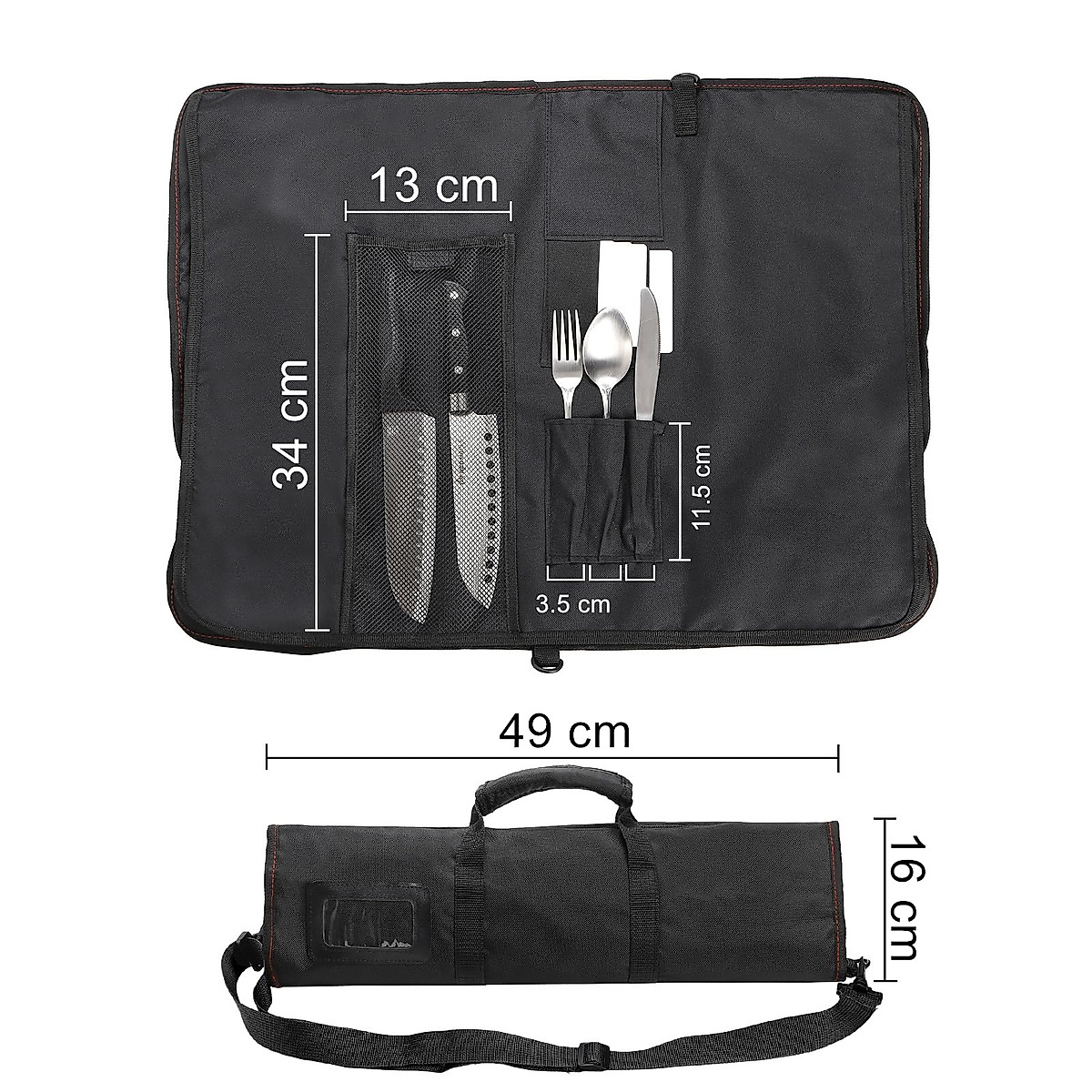 Tosnail Chef Knife Case Roll Bag with 21 Slots & 1 Large Zipper Pocket, Easy Carry Handle and Shoulder Strap - Black