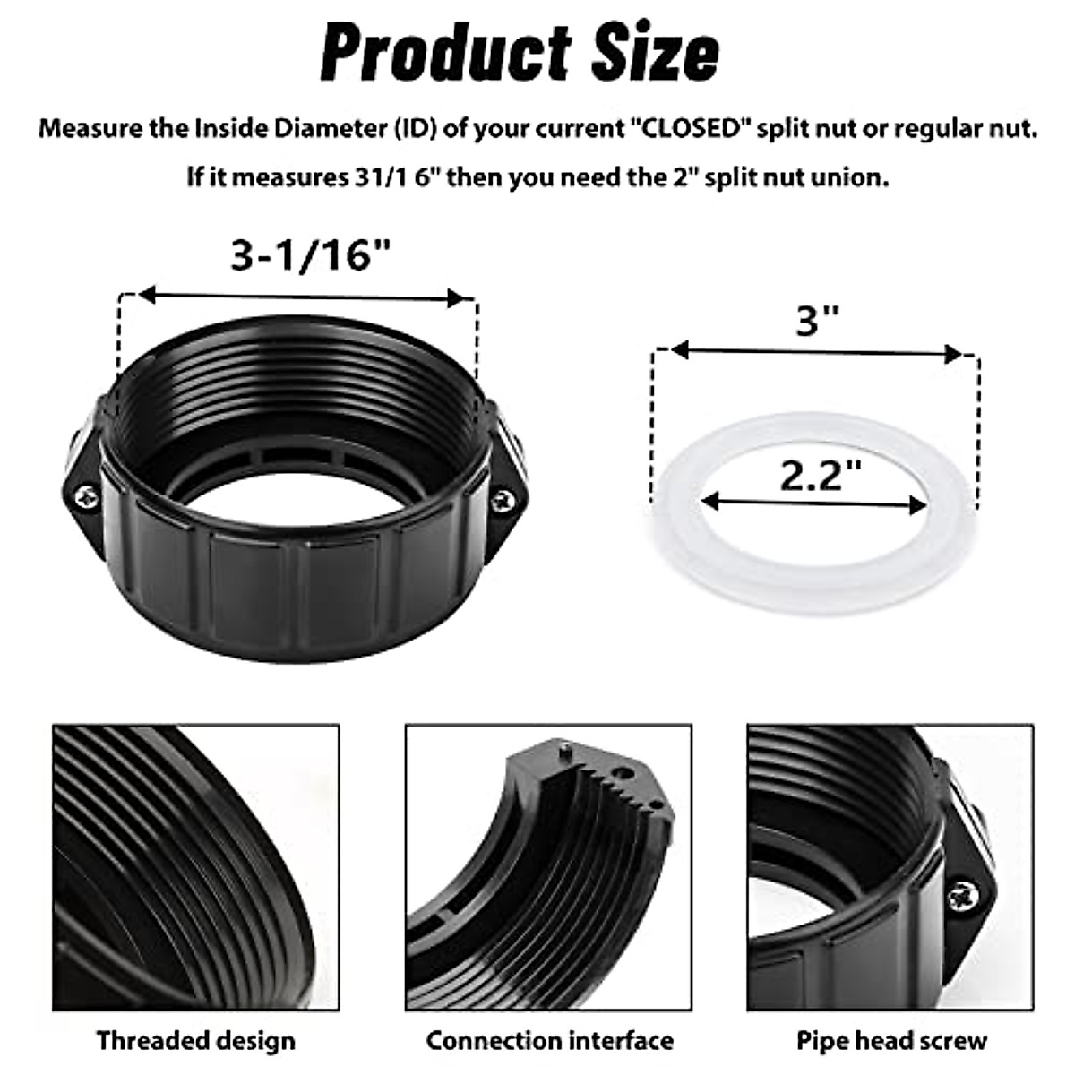 2" Spa Hot Tub Heater Split Nut Union amp with Screw, 2 pcs Heater Gasket/O-Rings Replacement for Balboa Gecko (Actual Size 3 Inch,Suitable for 2 Inch Heater Assemblies) - 2 Packs