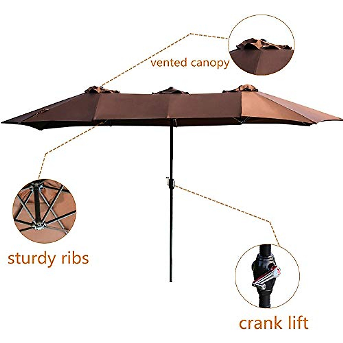 LOKATSE HOME Double-Sided Market Patio Outdoor Umbrella 15 Feet Garden Aluminum Twin Sun Canopy with Crank, 2 Middle Brown