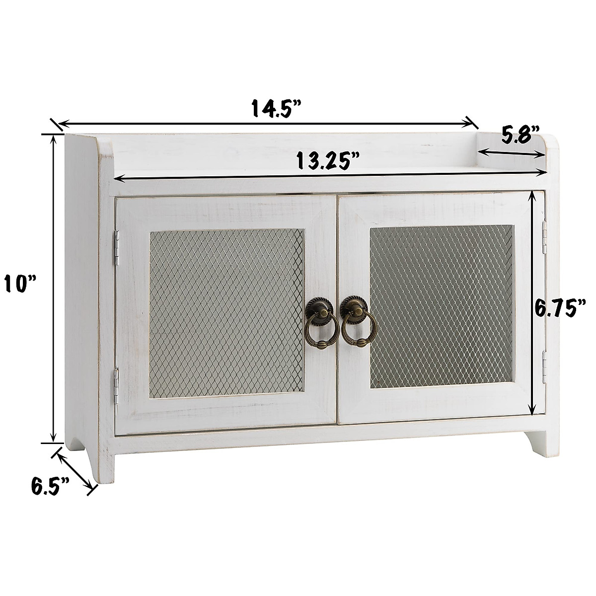 COLLECTIVE HOME - Storage Cabinet, Mini Countertop Cabinet, Wood Organizer for Kitchen Living Room Bedroom Bathroom Office with Magnetic Door, 14.5 x 6.5 x 10 (White, Wire Netting)