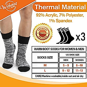 Welwoos Heated Thermal Socks for Women & Men Winter Warm Ski Thick Boot Insulated Gift Socks Stocking Stuffers for Women 3 Pairs (Black,M)
