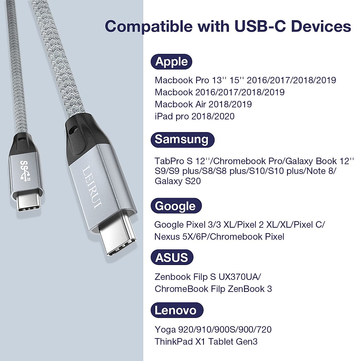 USB-C to USB-C Cable, 1.64ft USB 3.2 100W/5A Fast Charging 20Gbps Data Transfer 4K@60Hz Video USB C Monitor Display Cable Nylon USB C Cable Compatible with Samsung Galaxy S22, iPad, MacBook