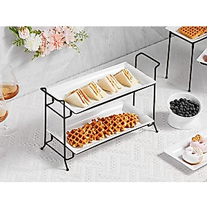 ONEMORE 2-Tier Serving Tray, Collapsible Food Display Stand with Microwave Freezer and Oven Safe Rectangular Ceramic Platters Perfect for Indoor/Outdoor Celebrations and Parties - Bright White