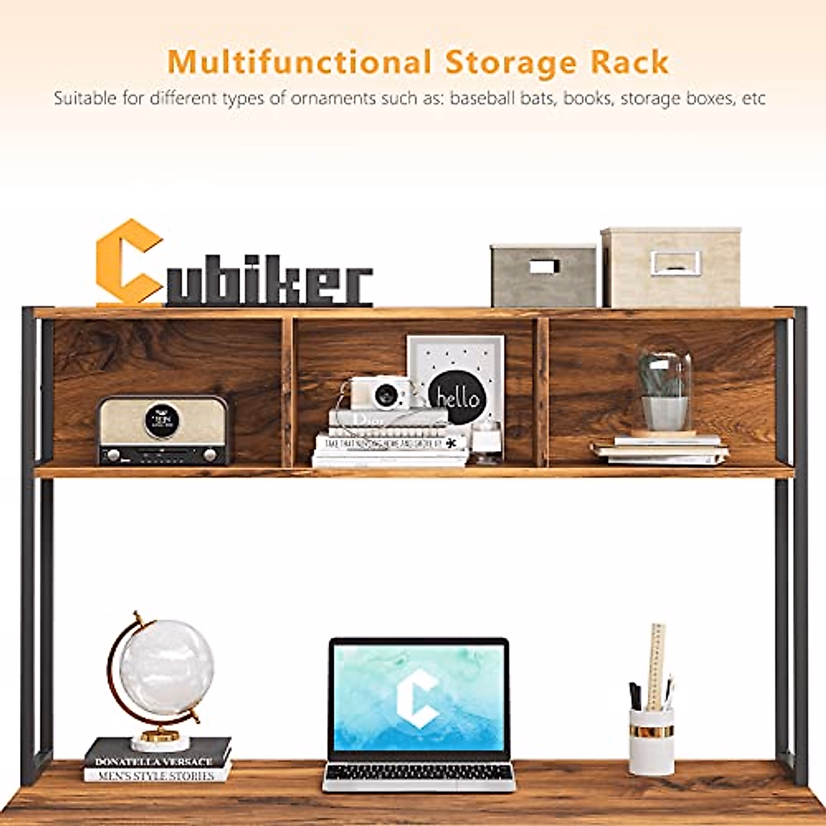 Cubiker L-Shaped Desk with Hutch, 60" Corner Computer Desk, Home Office Gaming Table with Storage Shelves, Space-Saving, Dark Rustic