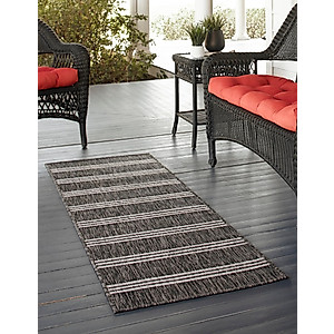 Rugs.com Jill Zarin Outdoor Collection Rug – 2' 7 x 12' Runner Charcoal Flatweave Rug Perfect for Hallways, Entryways