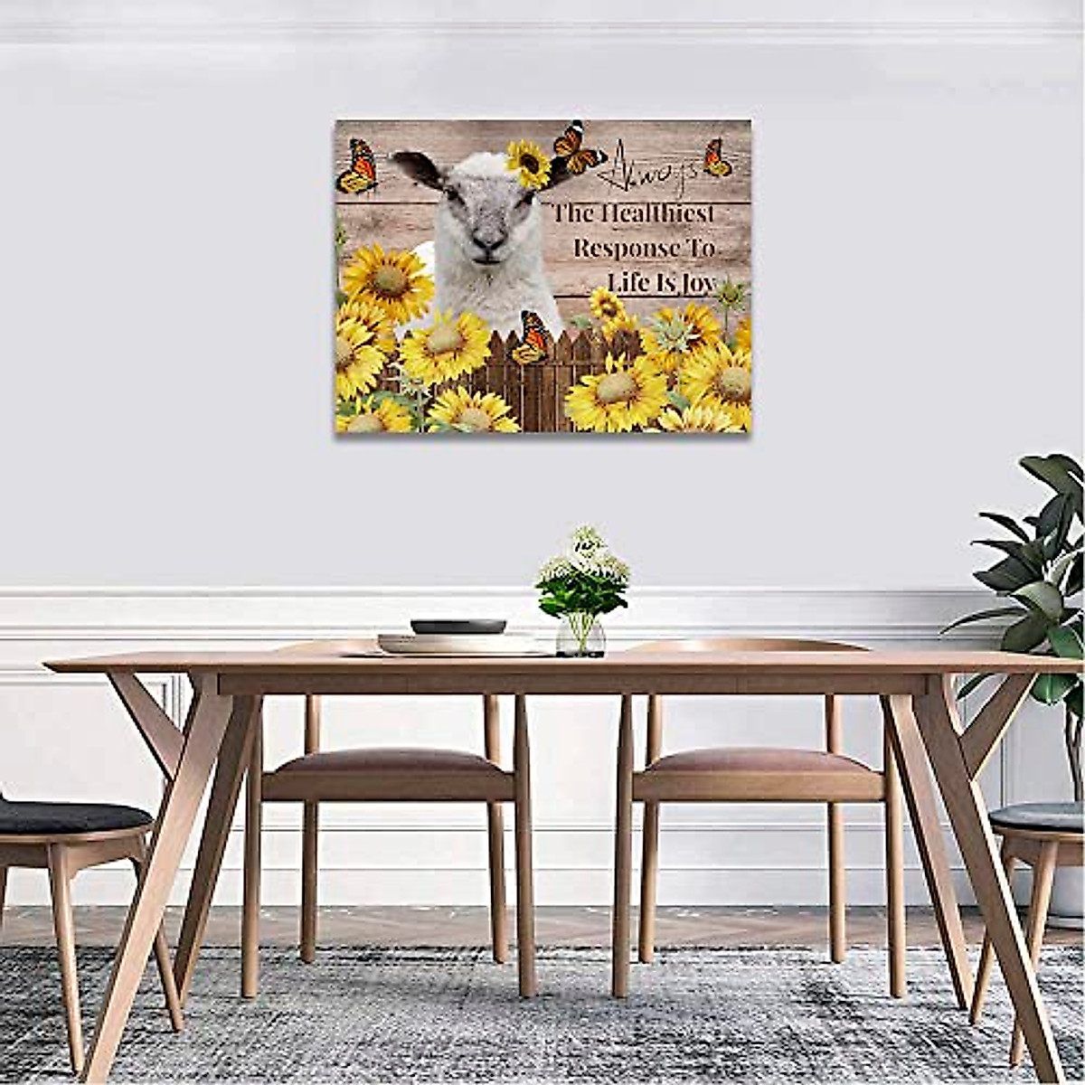 Colorful Vintage Framed Canvas Wall Art with Cute Alpaca and Flower Garden Background 12''W×16''H