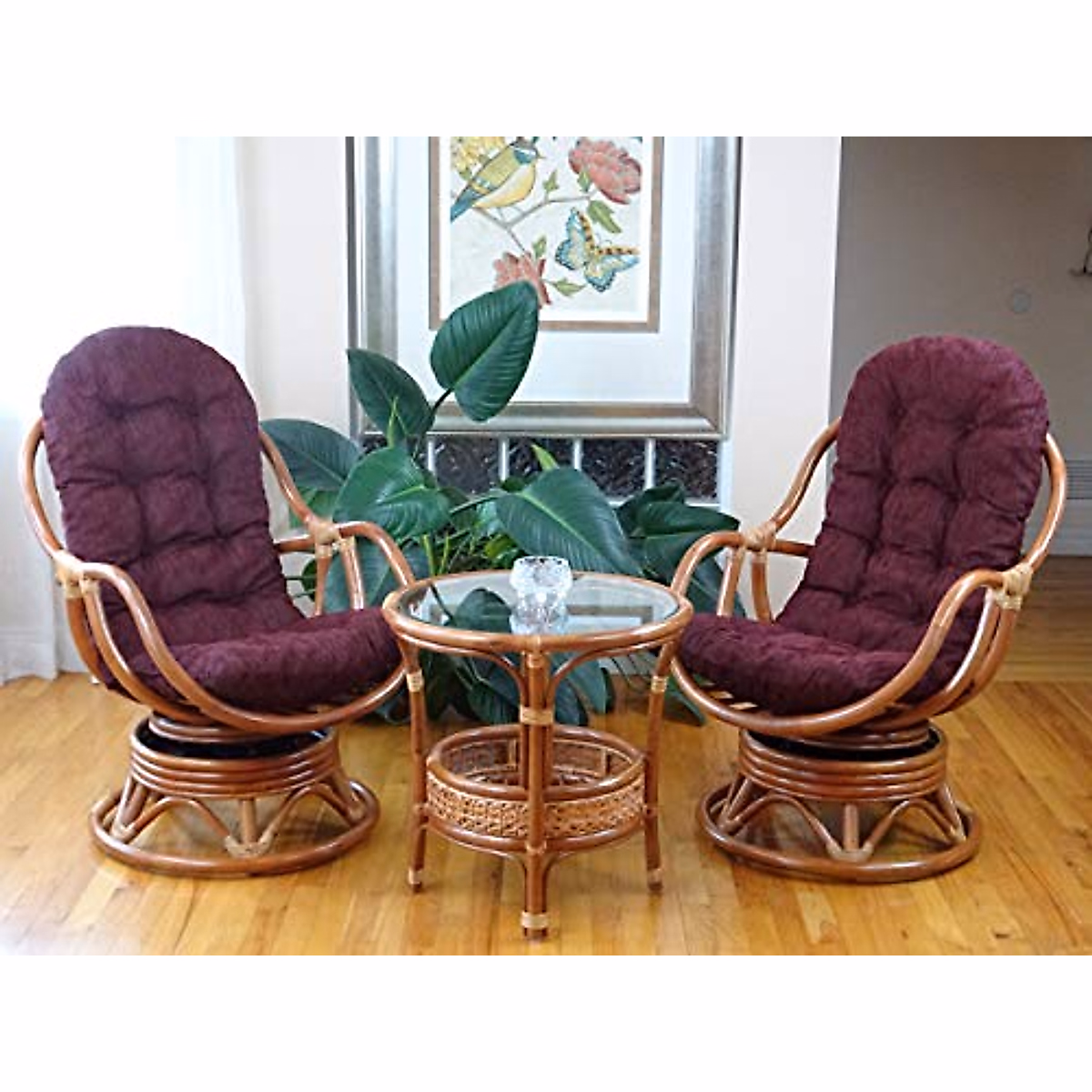 Bali Lounge Swivel Rocking Chair with Dark Brown Cushion Natural Rattan Wicker Handmade, Colonial