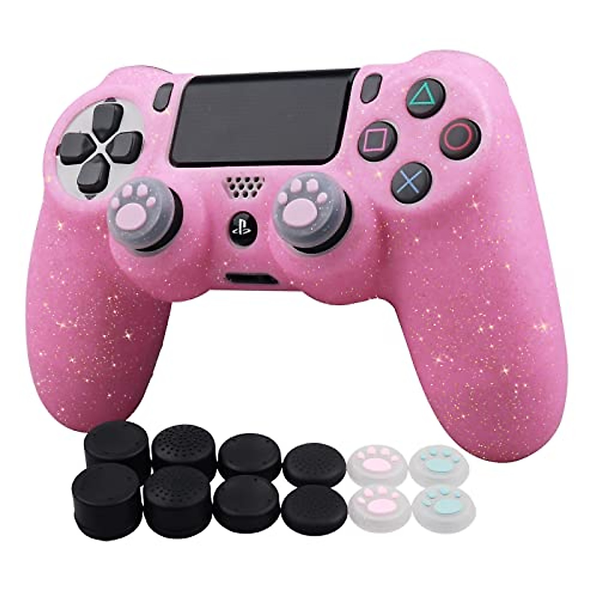 RALAN Controller Skin for PS4 Glitter Anti-Slip Silicone Cover Protector Compatible with PS4 Slim/PS4 Pro Wireless/Wired Gamepad Controller with 4 Cat Paw Thumb Grip Caps & Black Pro Thumb Grip x 8.