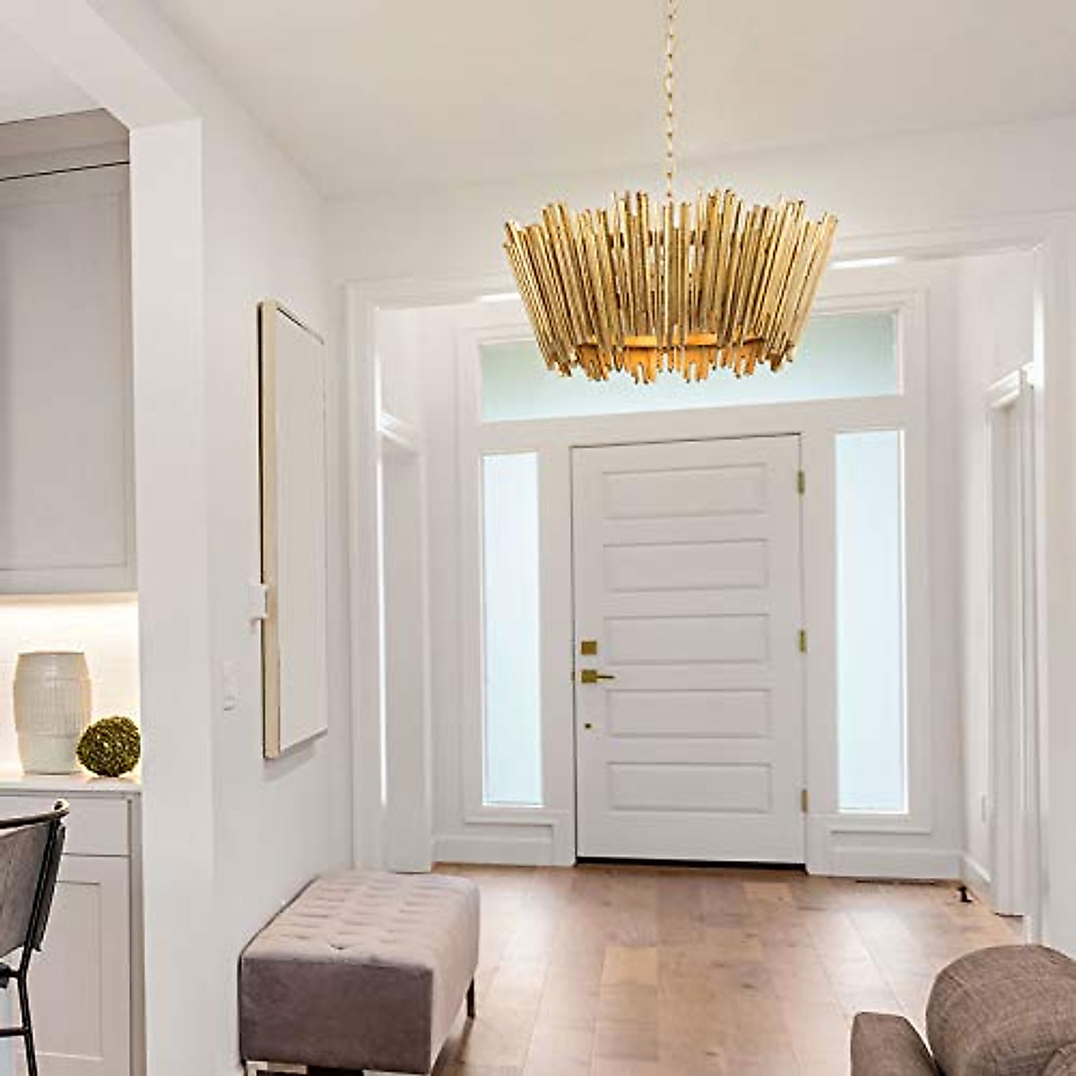 Gold Chandelier, Modern Farmhouse Chandelier, Dining Room Lighting Fixtures Hanging with Wood Framework and Gold Finish, Chandeliers for Dining Rooms, Kitchen, Foyer, Living Room, 20" D x 8" H