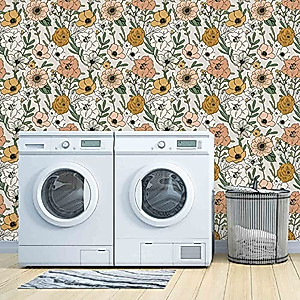 Abyssaly Vintage Floral Peel and Stick Wallpaper Boho 17.7 inx118 in Removable White/Sand/Oliva Vinyl Self Adhesive Wallpaper Flower Wall Paper for Bedroom