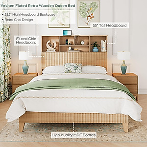 Yechen Retro Fluted Queen Bed with Storage Headboard & Charging Station, 55.5" Tall Natural Wooden Metal Platform Bed with Solid Wood Legs, Sturdy Wood Slats Support, Noise Free, No Box Spring Needed