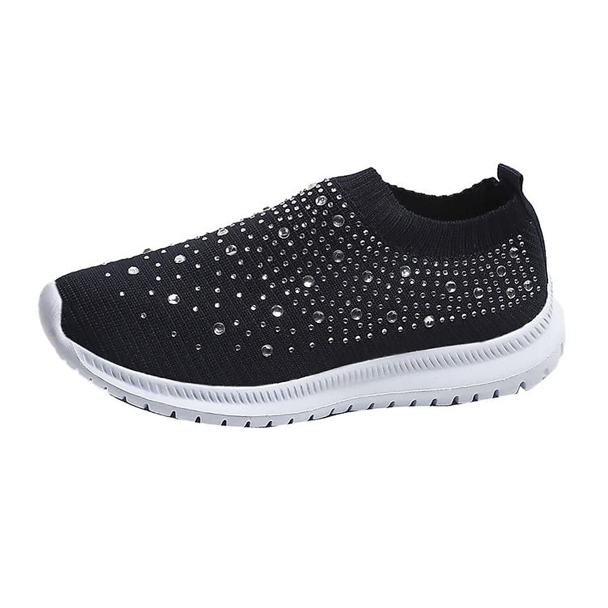 AngryMonkey Women's Rhinestones Mesh Sport Slip-on Shoes,Non Slip Good Arch Breathable Lightweight Casual Sock Sneaker Nurse Shoes (11,Black,11)