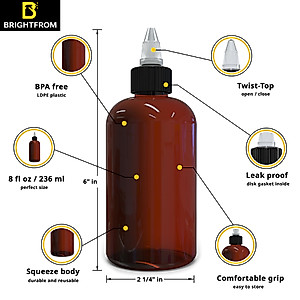 BRIGHTFROM Twist Top Applicator Bottles, 8 OZ Amber, Squeeze Empty Round Plastic Bottles, BPA-Free, PET, Refillable, Open/Close Nozzle (Black) - Multi Purpose (Pack of 2)