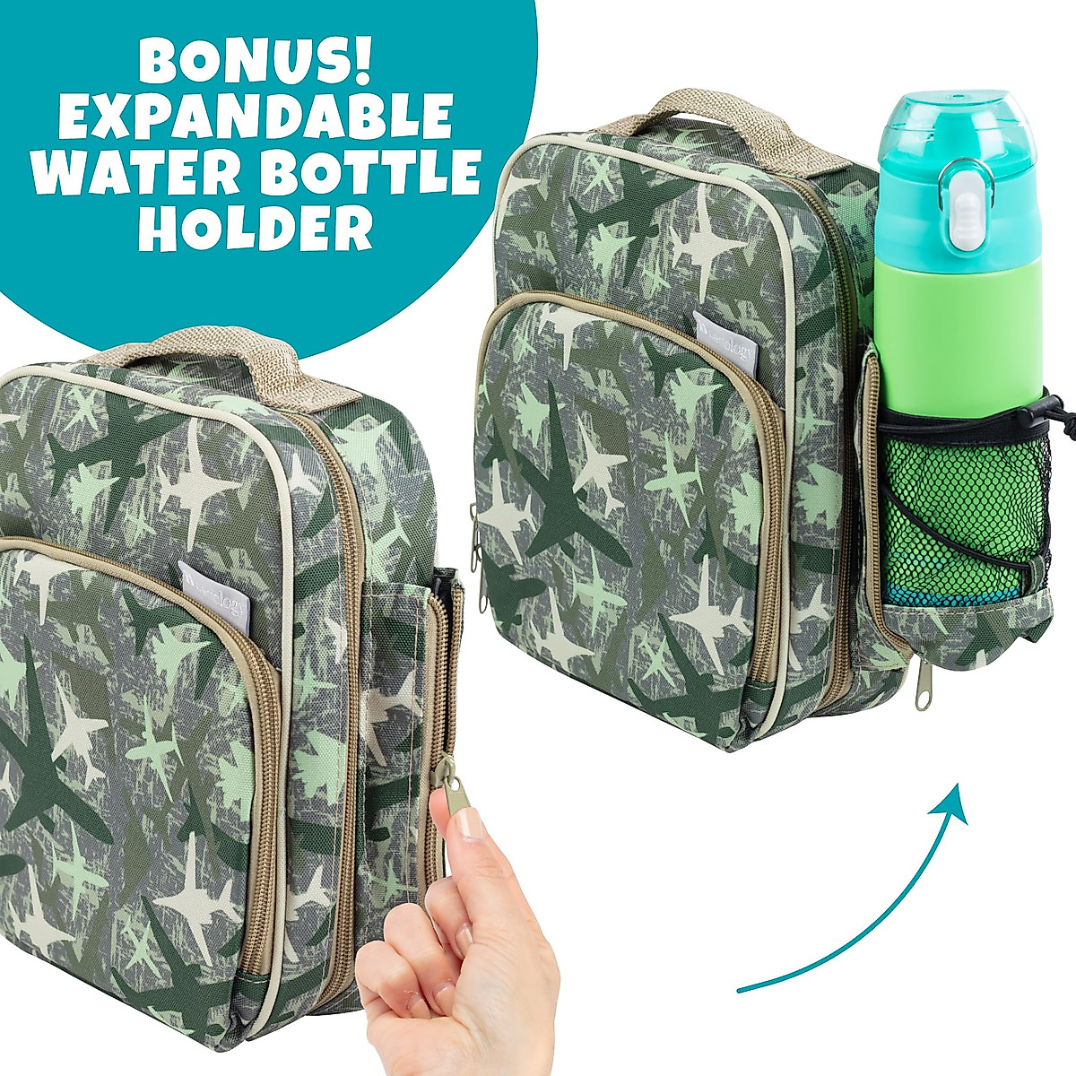 Insulated Lunch Box w Snack Pocket & Water Bottle Holder-Boys or Kids Jets School Lunchbox Tote Keeps Food Hotter or Colder Longer- Reusable Bag Fits Most Bento Boxes, Ice Packs- Back To School