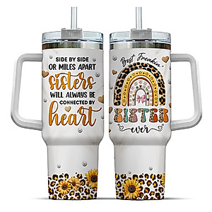 99OWL Sister Rainbow Sunflower Leopard, Tumbler 40 Oz With Handle Lid And Straw, Sister Gifts, Print Funny Tumblers Black Women From Sisters Cups Handle For Heart Little Coffee