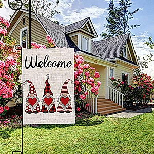Welcome Valentines Day Garden Flag Vertical Double Sided Buffalo Plaid Gnome Love Heart Spring Garden Flag, Valentine's Day Holiday Anniversary Wedding Yard Outdoor Decoration 12.5 x 18 Inch