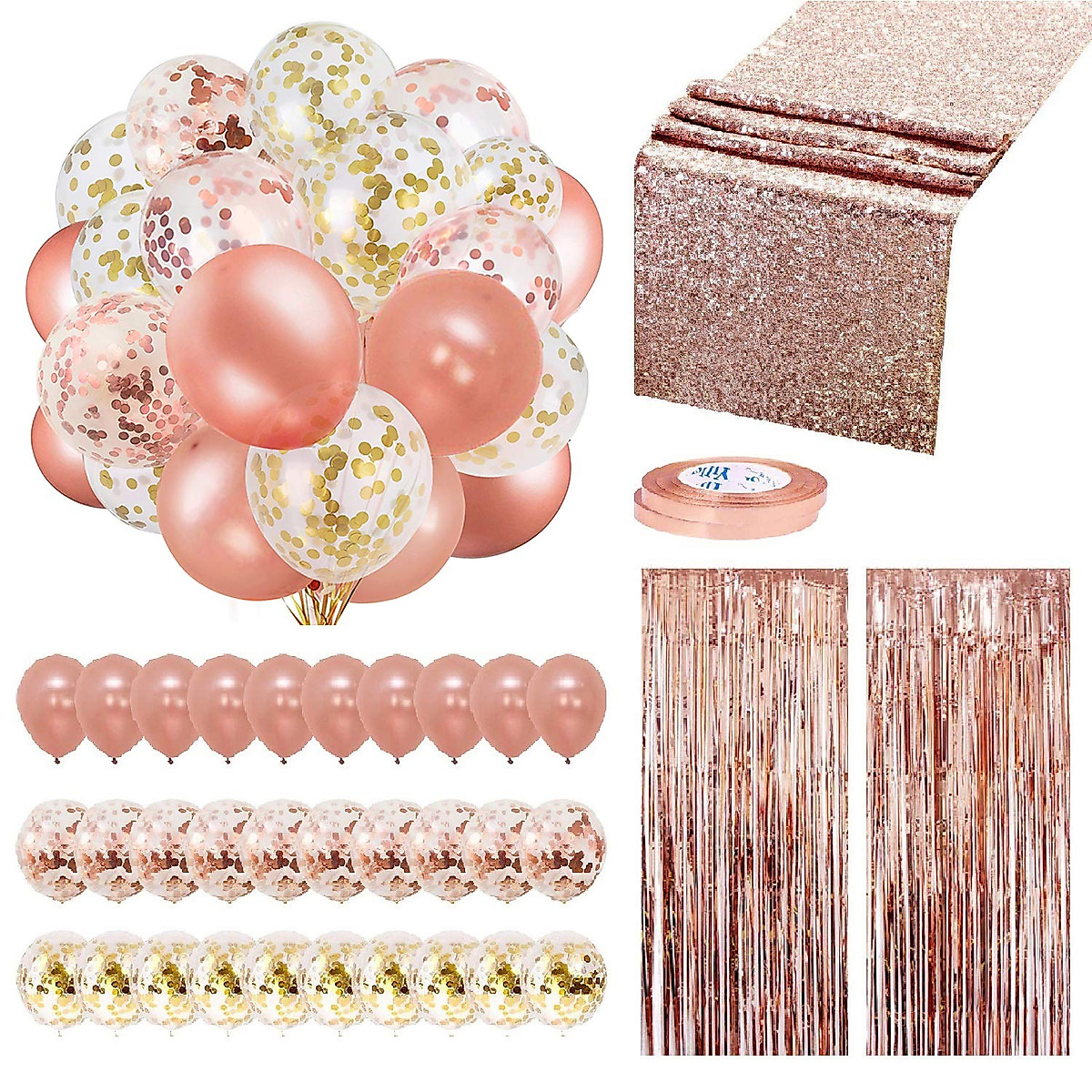 Rose Gold Balloons Party Decorations Supplies Set 35 Pack Include 30 Balloons, 2 Foil Fringe Curtains, 1 Rose Gold Sequin Table Runner, 2 Foil Ribbon for Birthday Party, Wedding,Xmas New Year Festival