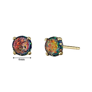 Peora Solid 14K Yellow Gold Created Fire Black Opal Stud Earrings for Women, Classic Solitaire Round Shape, 6mm, 1 Carat total, Hypoallergenic, Friction Back