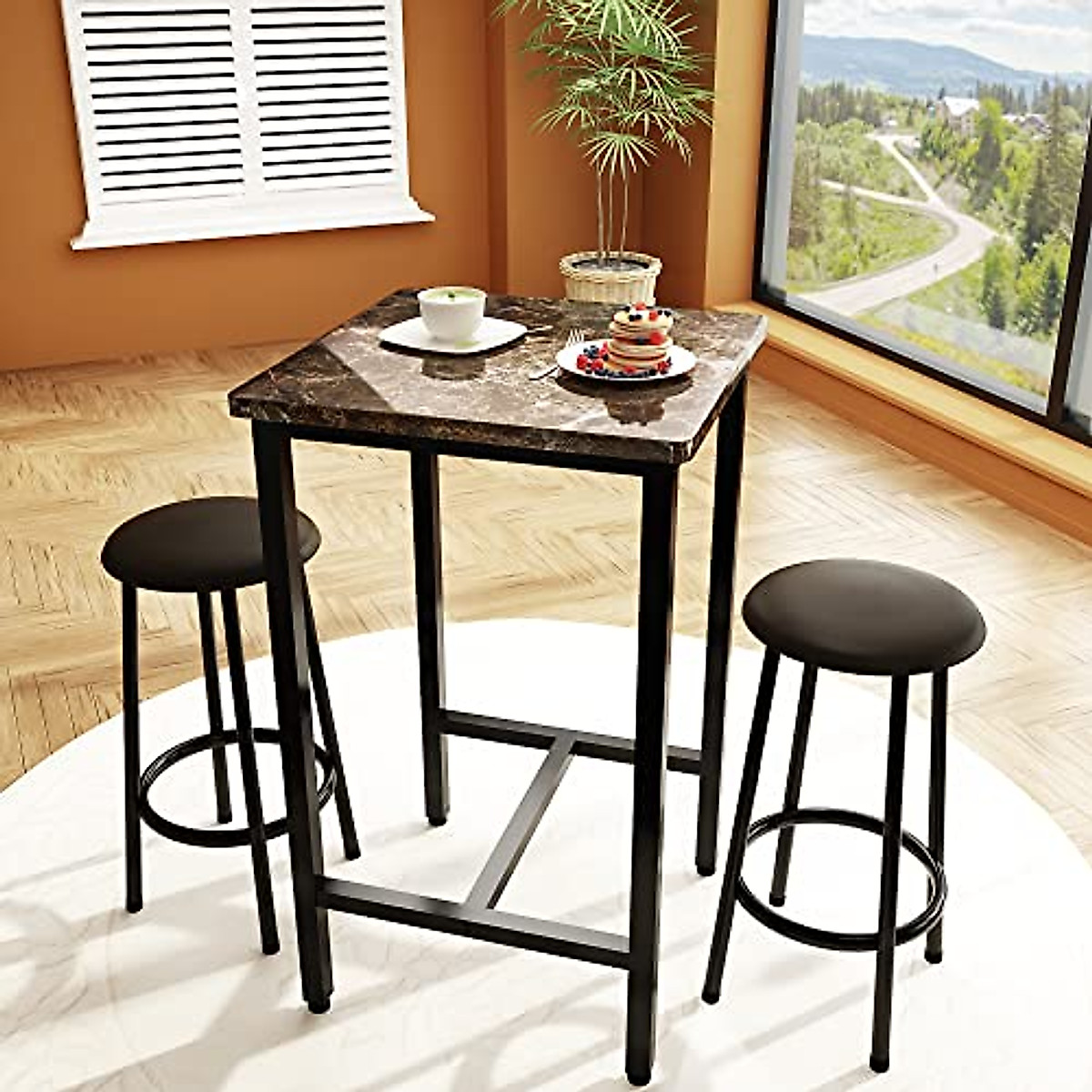 AWQM 3-Piece Dining Table and Chairs for Apartment, Bar Set with 1 Square Table and 2 Round Stools, Kitchen Table Set for 2, Breakfast Table with Footrest for Restaurant, Dinette, Studio (Dark Brown)
