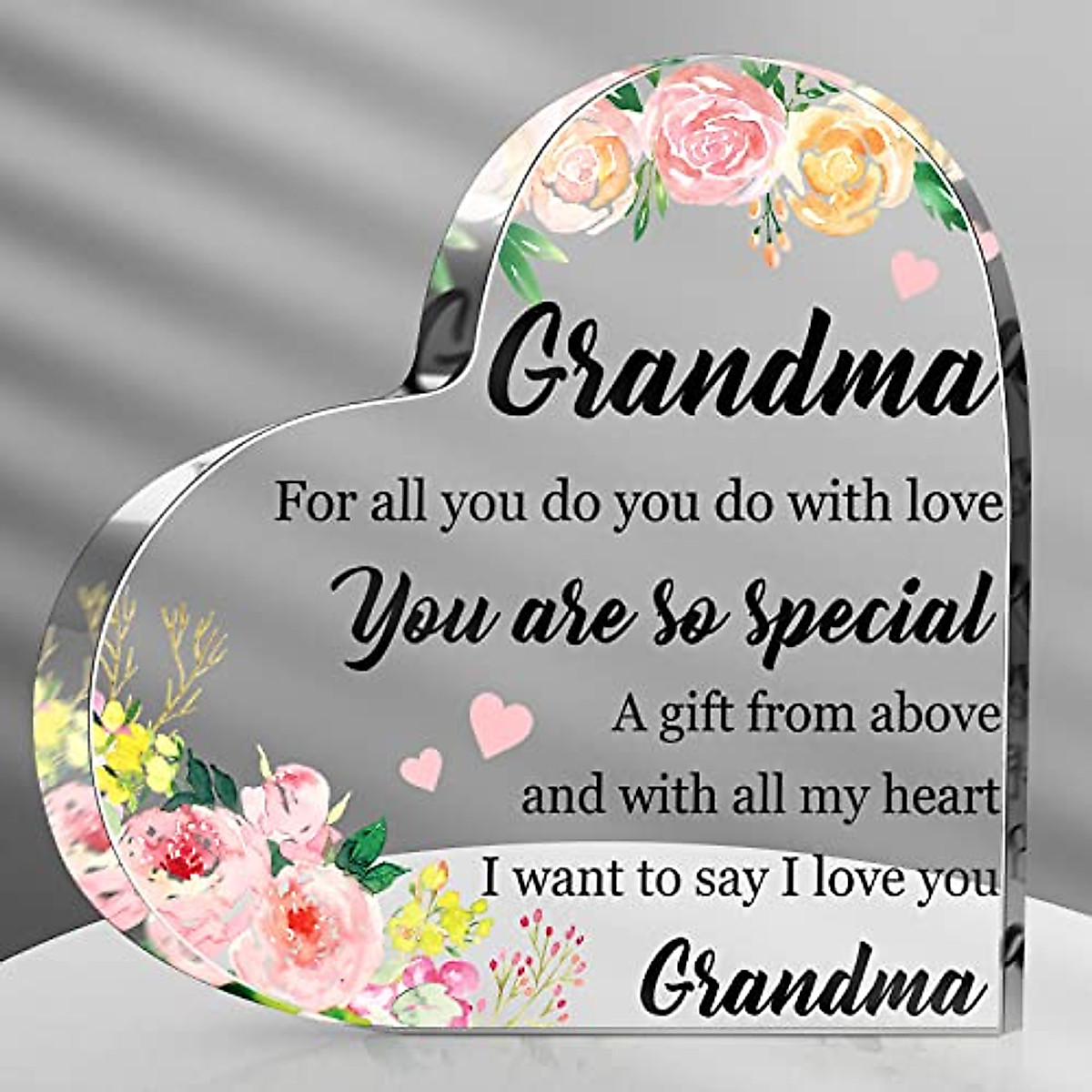 Acrylic Grandma Birthday Gift Floral Themed Heart Shape Birthday Christmas Gifts for Grandma Inspirational Thoughtful Grandma Gifts from Granddaughter Grandson for Home Decorations