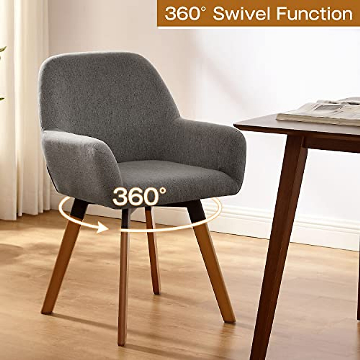 Art Leon Desk Chair No Wheels, Set of 2, Mid Century Modern Swivel Accent Chair, Linen Fabric Upholstered Office Chair Without Wheels, Solid Wood Legs, Gray