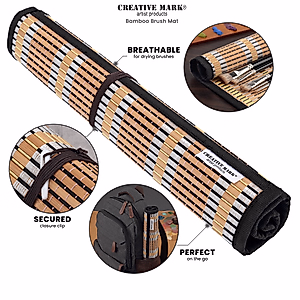 Creative Mark Paint Brush Roll Up Case - Bamboo Brush Mat with Tie Closure, 8 Large Pockets for Short and Long Handle Brushes, Breathable Design for Artists, Teachers, Students