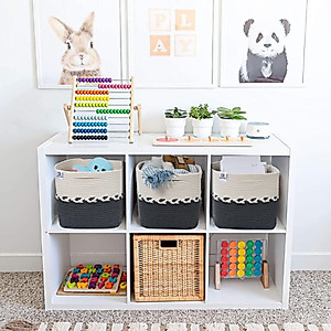 RITHLELA Cotton Rope Cube Shelf Storage Baskets Set of 3, Woven Baskets Fabric Bins Cat Toy Baskets Shelves Nursery Basket for Bathroom Bedroom Dark Grey & White 15"x10"x9" Design