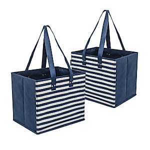 PLANET E Reusable Eco-Friendly Durable Heavy Duty Collapsible Long handle Grocery Tote Shopping Box Bag Set with Reinforced Bottom (2 Pack, Stripped Blue)