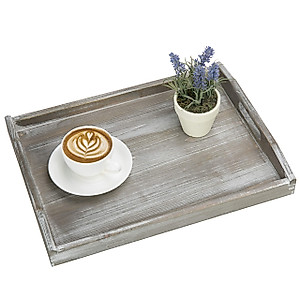 MyGift Rustic 12 x 16 inch Gray Wood Decorative Serving Tray with Handles, Rectangular Coffee Table Tray, Breakfast Tray