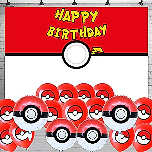 Poke Party Supplies-33pcs Poke Latex Balloons,Poke Foil Balloons and Poke Backdrop for Poke Birthday Party Decorations