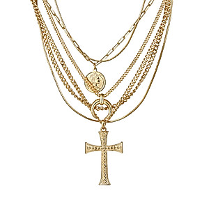 ACC PLANET Gold Layer Necklace Set 6PCS Gold Plated Multilayer Chain Moon Cross Coin Pendant Mother's Day Layered Choker Necklace for Women Gift