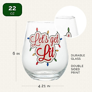 Your Dream Party Shop Let's Get Lit Christmas Wine Glasses, 22 Oz Stemless Wine Glasses, Funny Wine Glass, Holiday Wine Glasses, Christmas Cocktail Glasses, Christmas Drinkware