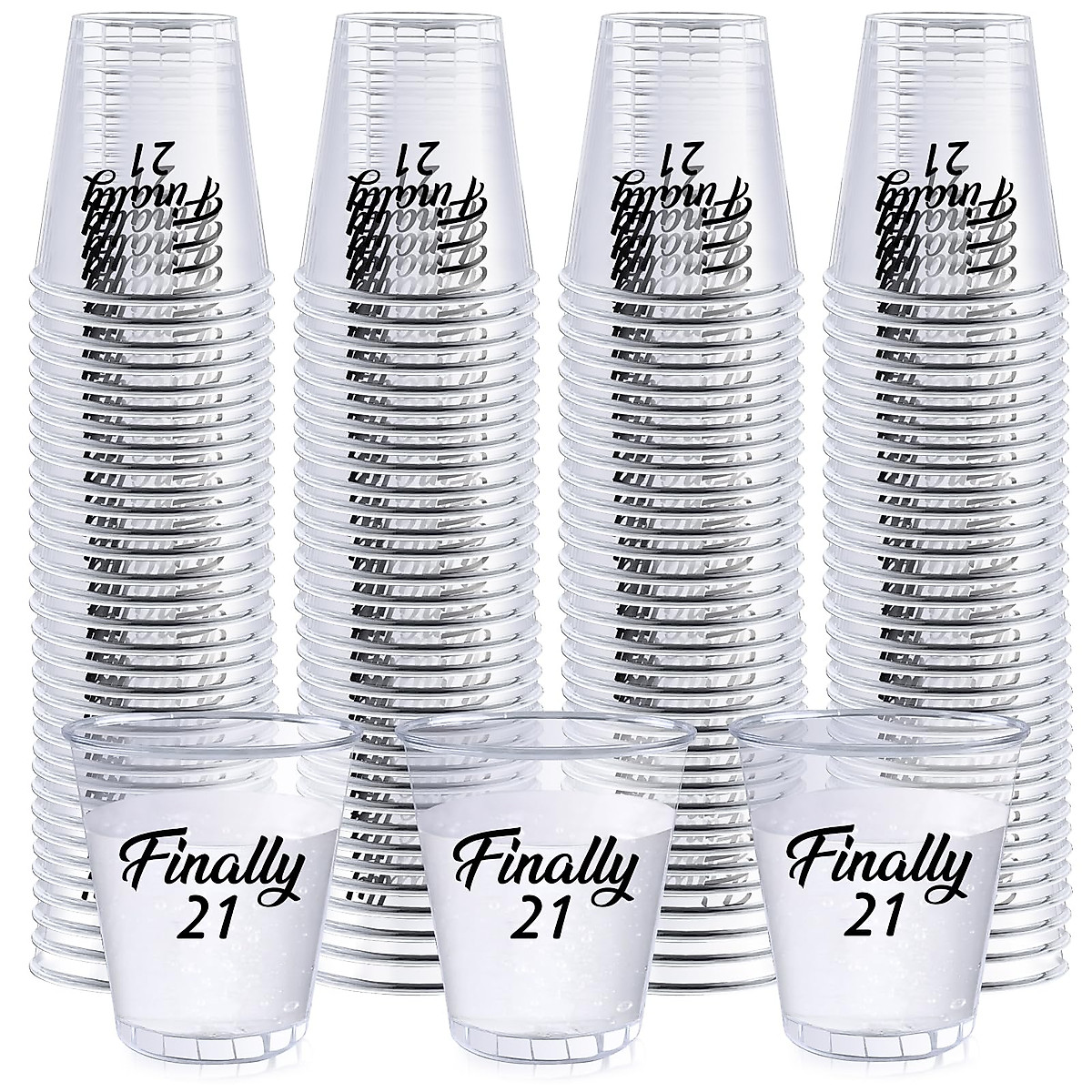 CIEOVO 100 Pieces Finally 21st Birthday Party Shot Glass, Disposable 2 oz Plastic Cups 21st Birthday Gifts Clear Tasting Cups for Him or Her Friend 21st Birthday Party Supplies