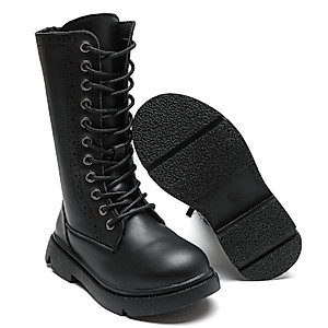 DADAWEN Boys Girls Leather Lace-Up Waterproof Side Zipper Mid Calf Combat Riding Winter Boots (Toddler/Little Kid/Big Kid) Black US Size 2 M Little Kid
