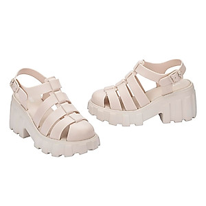 Melissa Megan Platform Jelly Heels for Women - The Iconic Original 90’s Jelly Shoe, Fisherman's Sandal with Chunky, Platform Lug-Sole Heel and Adjustable Strap and Side Buckle, Beige, 7
