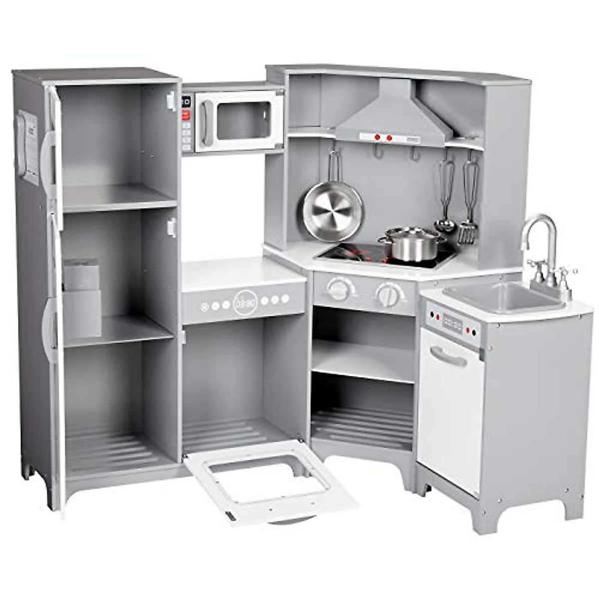 Amazon Basics Kids Corner Wooden Kitchen Toy Playset with Stove, Oven, Sink, Fridge and Accessories, for Toddlers, Preschoolers, Children Age 3+ Years, White & Gray, 39.37"L x 28.35"W x 35.04"H