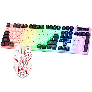 CHONCHOW Gaming Keyboard Mouse Combo Rainbow LED Backlit Ambient Light Illuminated Character Wired USB Keyboard Mice Compatible with Windows XP/7/10 iMac MacBook PS4 PS5 Xbox one(White and Black)
