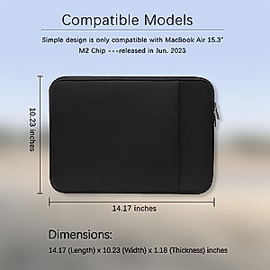 Laptop Sleeve Case for 2023 MacBook Air 15.3 inches A2941 M2 Chip Memory Foam Portable Package Pouch Carrying Travel with Stainless Steel Zipper Polyester Velure Lining Accessories (Black)