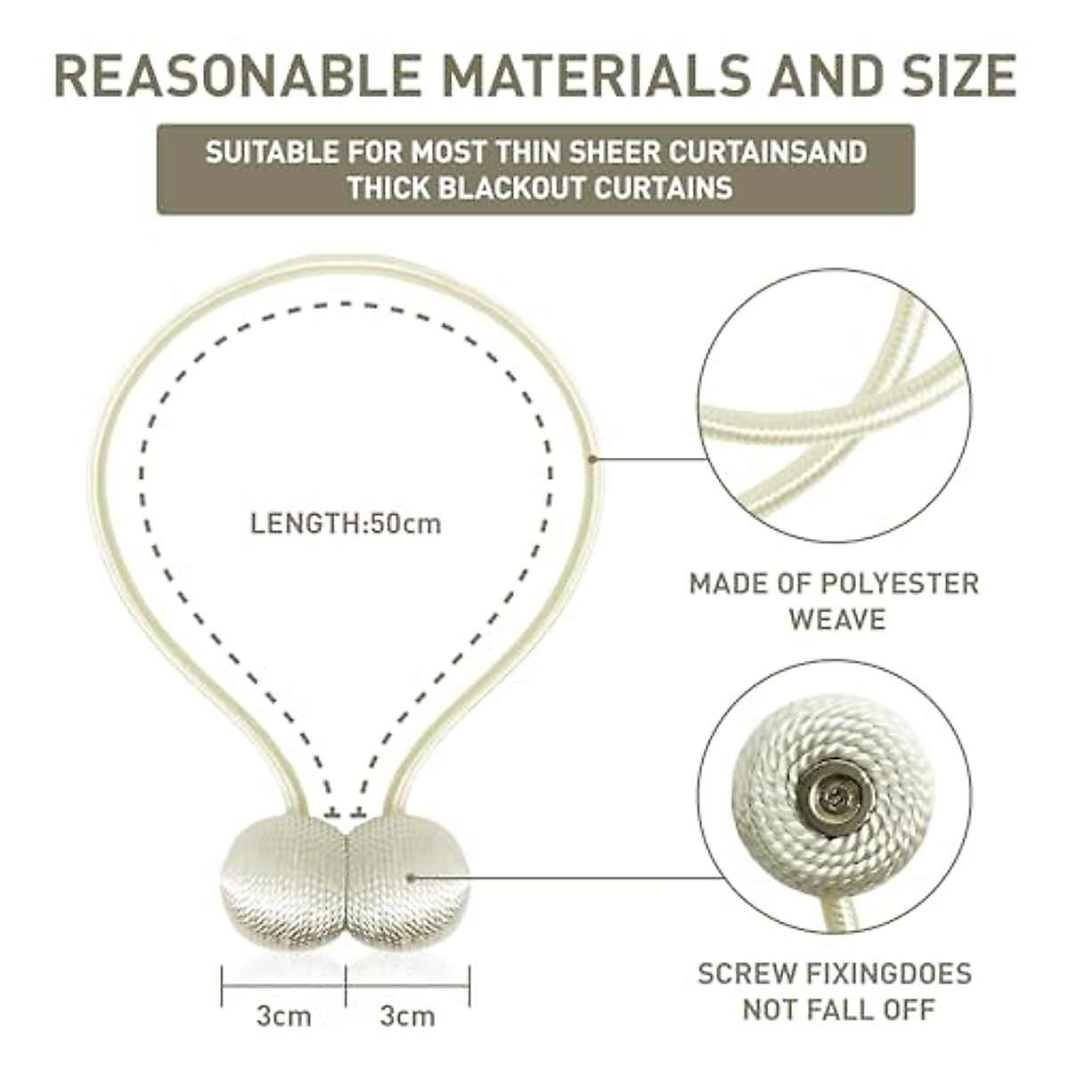 Magnetic Curtain Tiebacks 2 PackRope Decorative，Curtain Tie Backs Holdbacks Holders Hooks Clip Buckles for Curtains Drapes, Curtain Ties for Home Bedroom Office Decorative Curtain (Black)