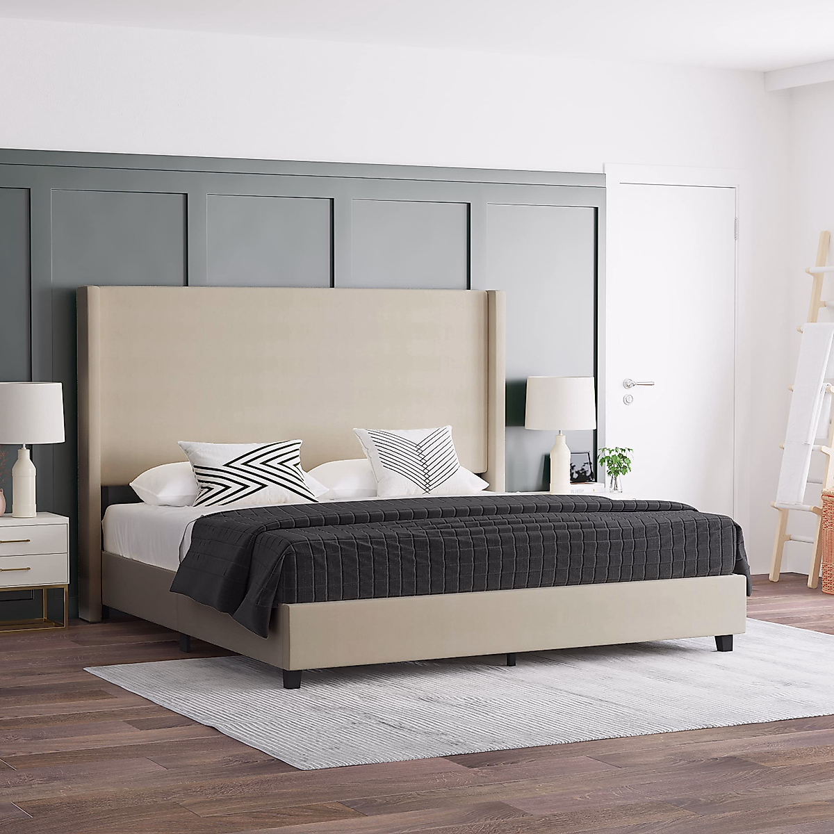 EMMA + OLIVER Nora Wingback Platform Bed - Beige Faux Linen Upholstery - Durable Engineered Wood Frame - No Box Spring Needed - Lightweight Design - King