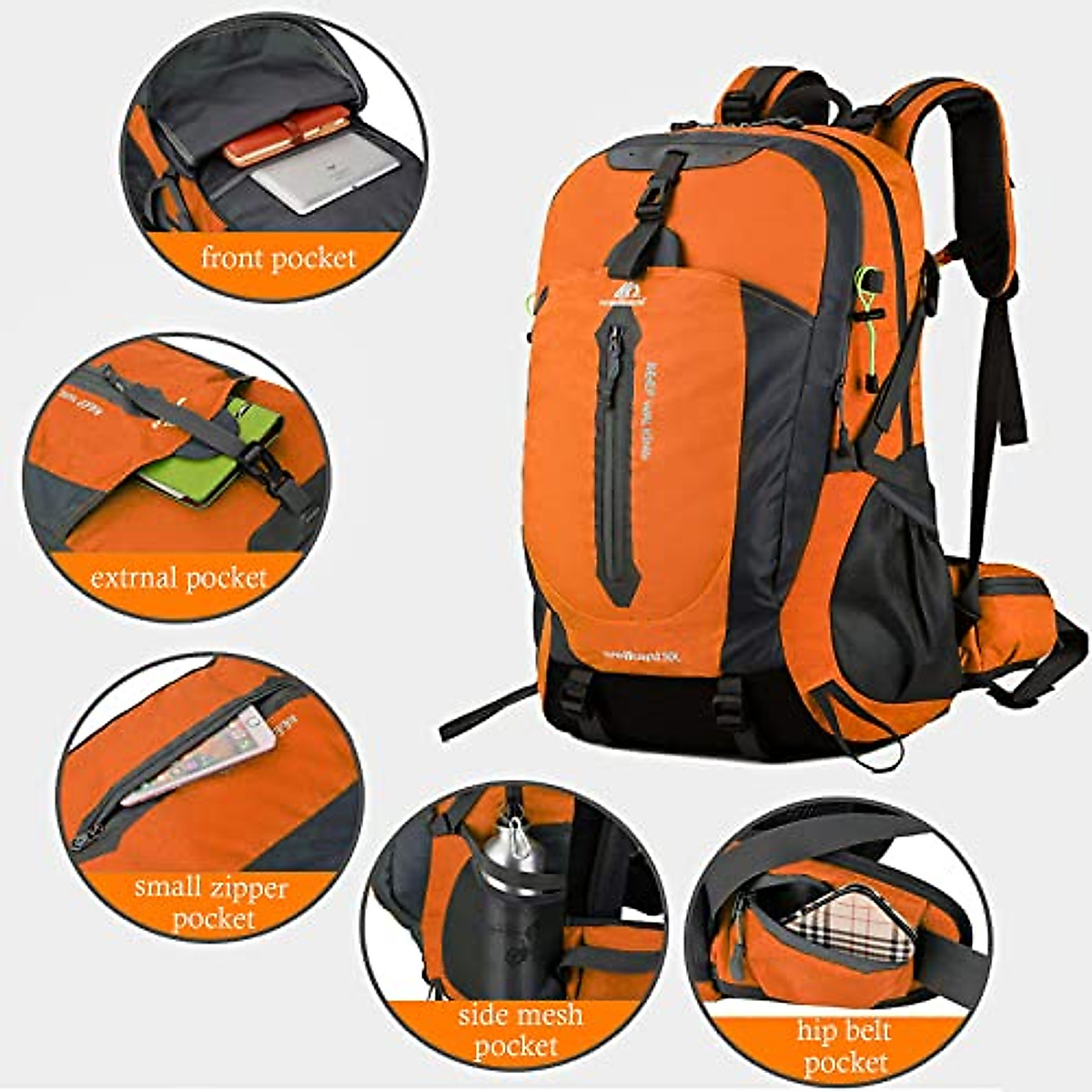 50L Hiking Backpack Camping Backpack Hiking Daypack Waterproof Backpack Day Pack for Men Women Trave Backpack with Rain Cover (orange)
