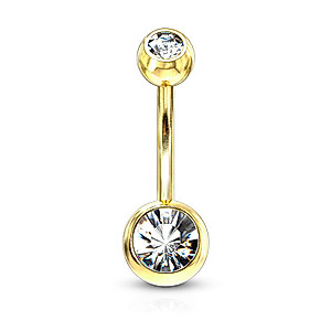 Forbidden Body Jewelry Gold IP Plated Surgical Steel Double Jeweled Clear Crystal Petite Belly Button Ring