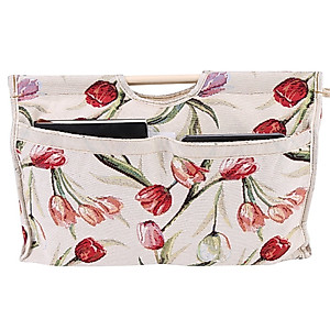 Knitting Tote Bag,Exquisite Practical Wood Handle Woven Fabric Storage Bag for Knitting Needles Sewing Tools (Red Flower)