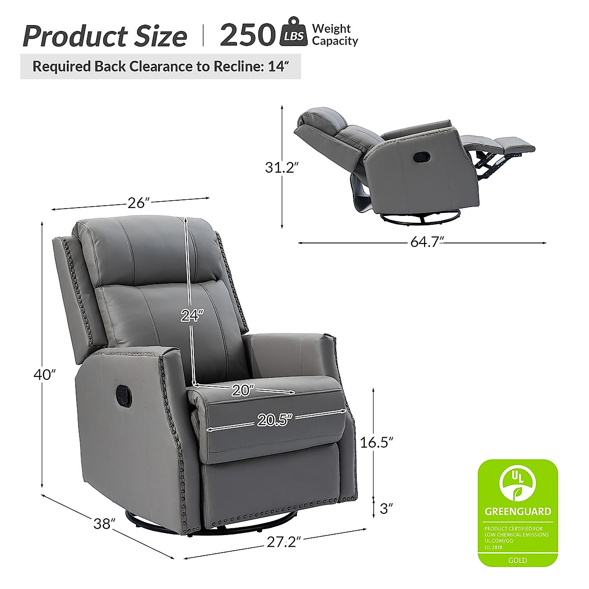 HULALA HOME Genuine Leather Swivel Rocker Recliners Set of 2 with Metal Base, Manual Glider Recliner Chairs with Adjustable Backrest & Footrest, Home Theater Sofa Armchairs for Living Room, Dove