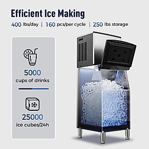 ICEVIVAL Commercial Ice Maker Machine, 400lbs/Day, SECOP Compressor, 250lbs Storage, Ice Ready in 8 to 15mins, Auto-Cleaning Stainless Industrial Ice Machine, Air Cooled, Restaurant/Business/Home