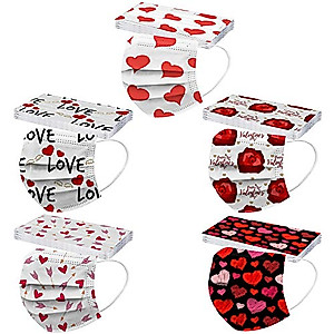 50PC Valentine's Day Face Masks Disposable for Adult Women, Holiday Disposable Face Masks with Designs Love Heart Facemasks (#01)