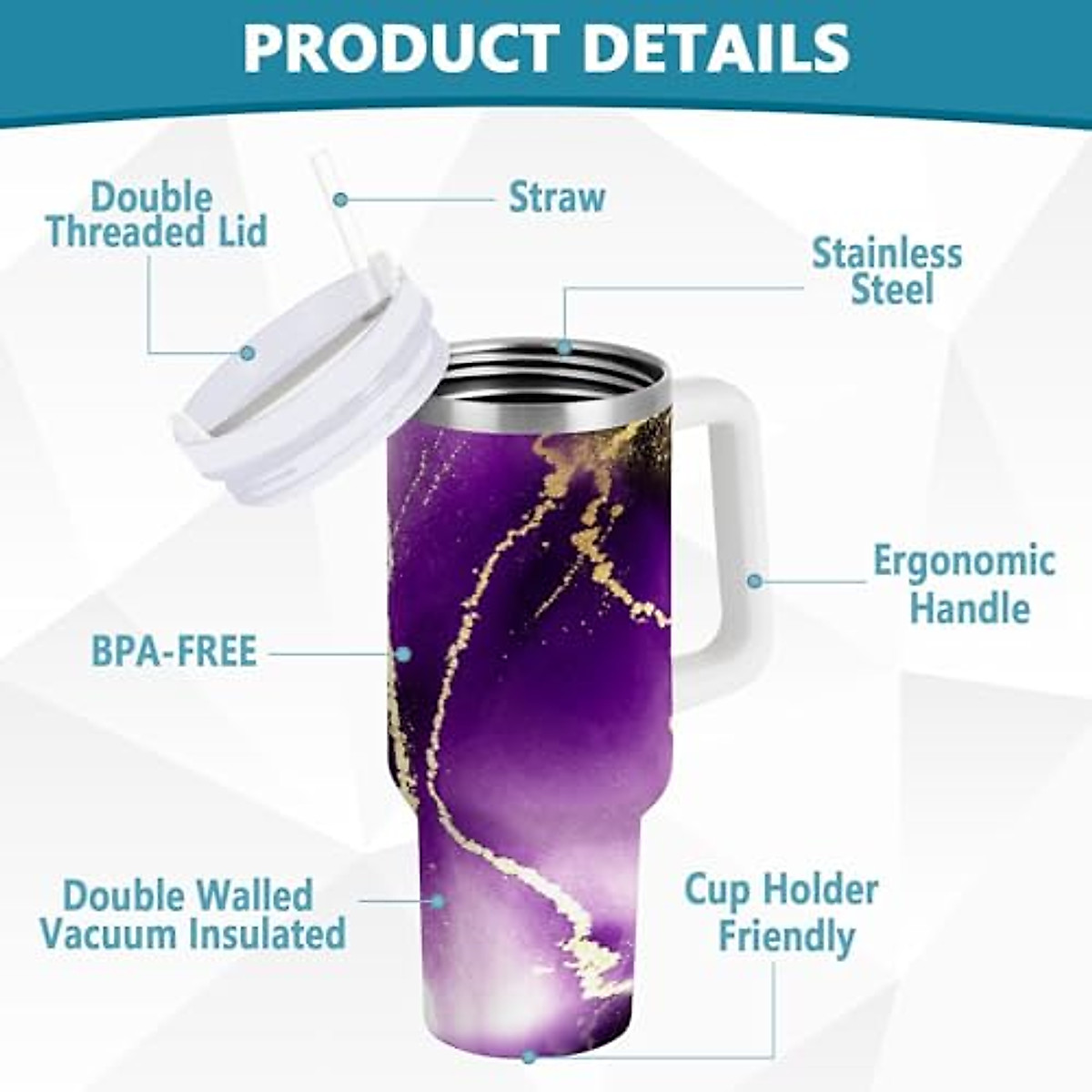 RPLIFE Abstract Purple Coffee Tumbler with Handle, Stainless Steel Coffee Mug, Insulated Coffee Mug with Lid, Coffee Tumbler for Women