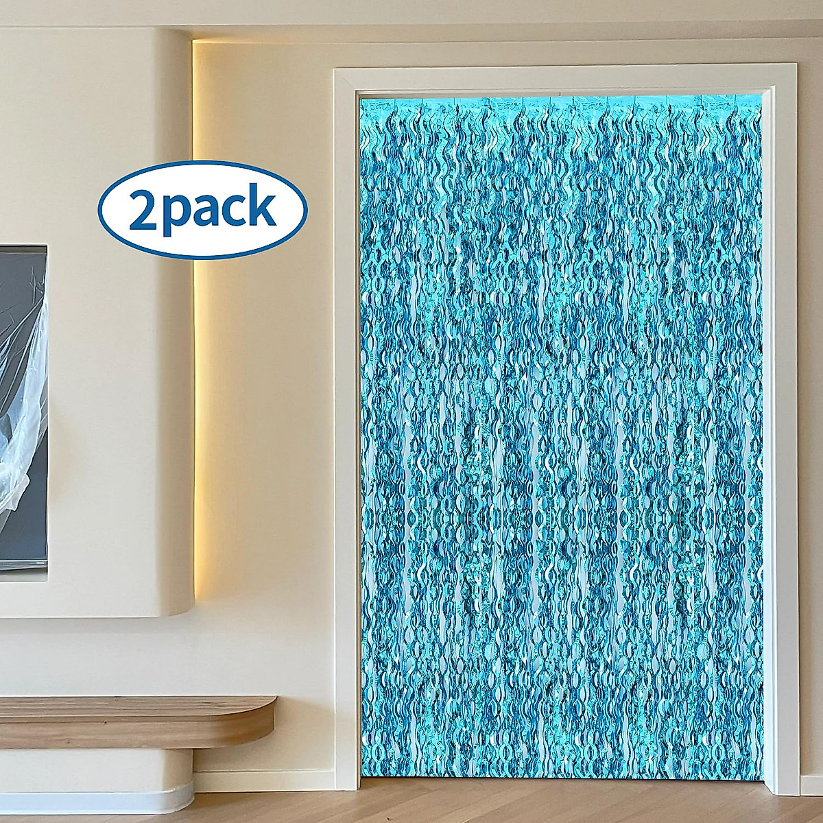 2 Pack Wavy Blue Foil Fringe Curtain Blue Backdrop Tinsel Streamers Ocean Themed Birthday Party Deco Beach/Under The Sea/Pool Party Decoration Graduation Baby Shower Bachelorette Winter Party Supplies