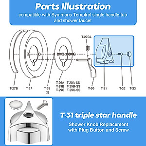 Dreyoo Shower Faucet Handle Replacement for T-31, Compatible with Symmons/Temptrol Tub and Shower Faucets, Shower Knob Replacement Single Handle with Screw and Plug Button, Metal, Chrome Plated